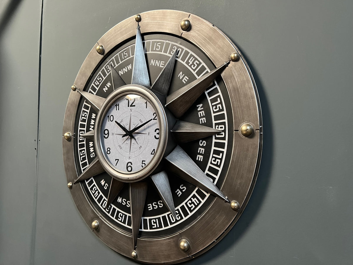 Vintage Silver Industrial Style Compass Clock – John Cowell Limited
